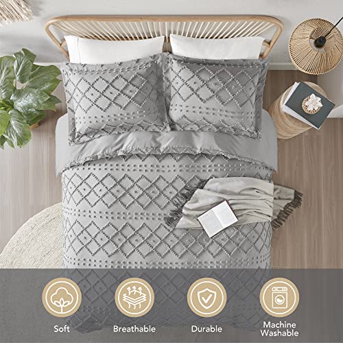 Codi Twyla Tufted Boho Duvet Cover King Sizes, Grey Microfiber Bedding Set for All Seasons, Embroidery Shabby Chic Comforter Covers with Zipper, 3-Pieces Including Matching Pillow Shams (104"x 90")