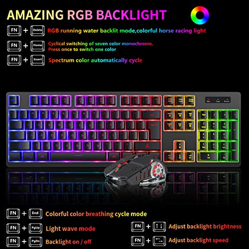 Wireless RGB Gaming Keyboard and Mouse - Rechargeable RGB Backlit Keyboard Mouse Long Battery Life,Mechanical Feel Gaming Keyboard with 7 Color Wireless Gaming Mouse for PC Game and Work