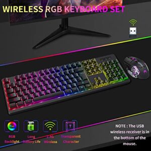 Wireless RGB Gaming Keyboard and Mouse - Rechargeable RGB Backlit Keyboard Mouse Long Battery Life,Mechanical Feel Gaming Keyboard with 7 Color Wireless Gaming Mouse for PC Game and Work