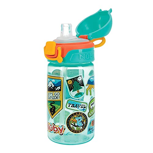 Nuby Kids No Spill Flip-it Adventure and Travel Sticker Water Bottle with Soft Silicone Straw: 18+ Months, 14oz / 420ml