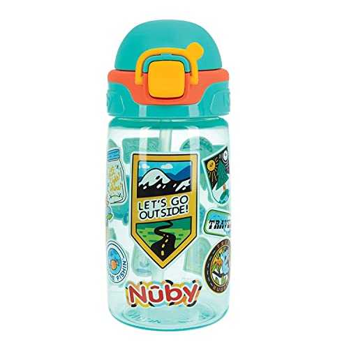 Nuby Kids No Spill Flip-it Adventure and Travel Sticker Water Bottle with Soft Silicone Straw: 18+ Months, 14oz / 420ml