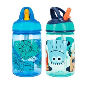 nuby flip-it kids on-the-go printed water bottle with bite proof hard straw - 12oz / 360 ml, 18+ months, 2 pk prints may vary