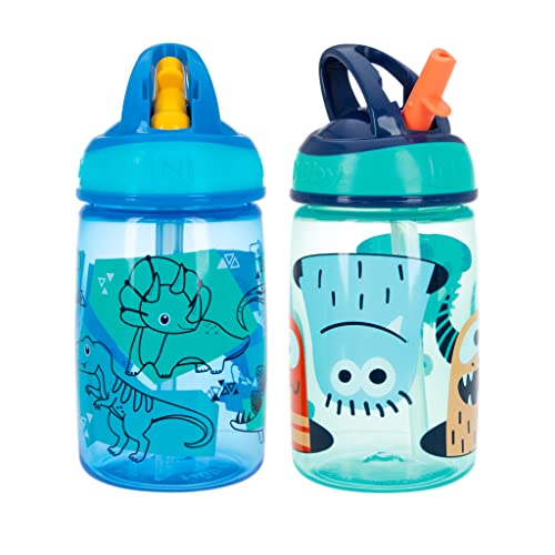 Nuby Flip-it Kids On-The-Go Printed Water Bottle with Bite Proof Hard Straw - 12oz / 360 ml, 18+ Months, 2 pk Prints May Vary