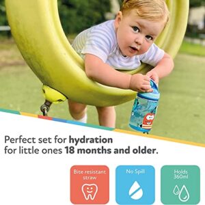 Nuby Flip-it Kids On-The-Go Printed Water Bottle with Bite Proof Hard Straw - 12oz / 360 ml, 18+ Months, 2 pk Prints May Vary