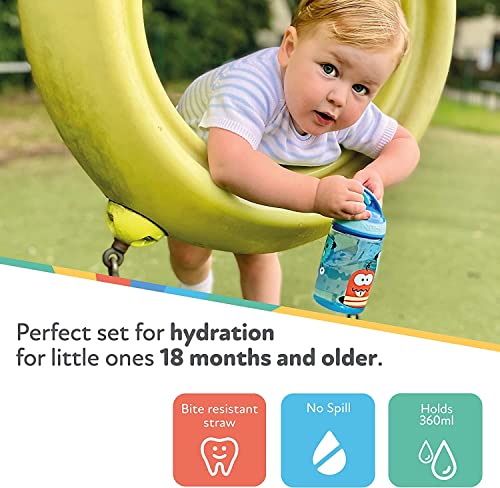 Nuby Flip-it Kids On-The-Go Printed Water Bottle with Bite Proof Hard Straw - 12oz / 360 ml, 18+ Months, 2 pk Prints May Vary