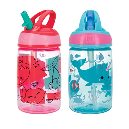 Nuby Flip-it Kids On-The-Go Printed Water Bottle with Bite Proof Hard Straw - 12oz / 360 ml, 18+ Months, 2 pk Prints May Vary