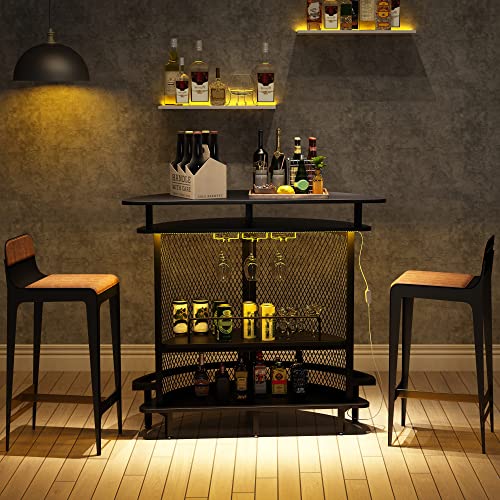 kepptory 43 Inches High Top Bar Table with RGB Smart Light, 4-Tiers Home Bar Unit with Footrest & Storage Shelves & Wine Glasses Holder & Anti-Dump Metal Bar, Wine Cabinet for Home Kitchen Patio Pub