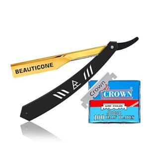 beauticone straight razor | professional barber razor for men with 100 single edge blades | straight edge razor │slide-out design (black and gold slide-out razor)