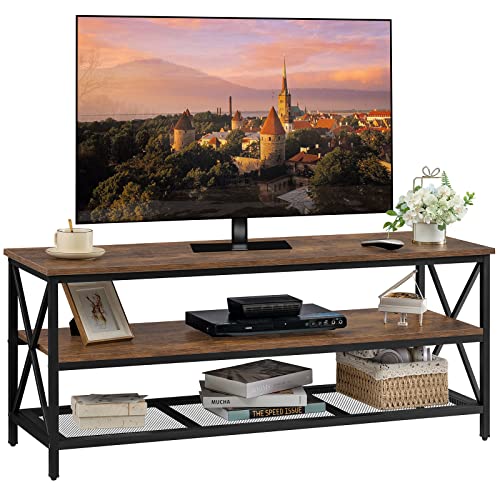 WEENFON Wood TV Stand for 55 Inch TV, 47 Inch Metal TV Table with Adjustable Leg, Unique Rustic Storage Shelve for Living Room, 3-Tiers TV Console for Bedroom, Rustic Brown