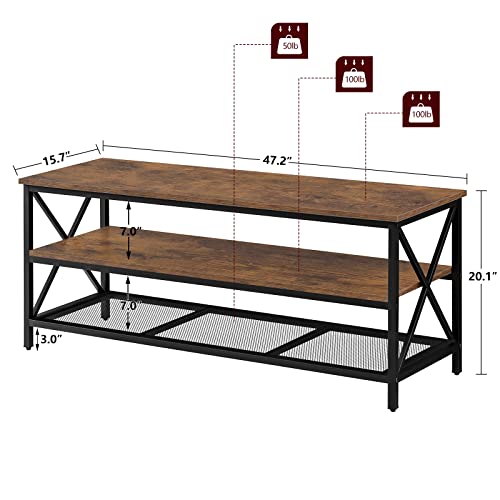 WEENFON Wood TV Stand for 55 Inch TV, 47 Inch Metal TV Table with Adjustable Leg, Unique Rustic Storage Shelve for Living Room, 3-Tiers TV Console for Bedroom, Rustic Brown