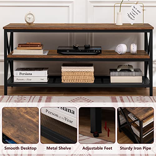 WEENFON Wood TV Stand for 55 Inch TV, 47 Inch Metal TV Table with Adjustable Leg, Unique Rustic Storage Shelve for Living Room, 3-Tiers TV Console for Bedroom, Rustic Brown