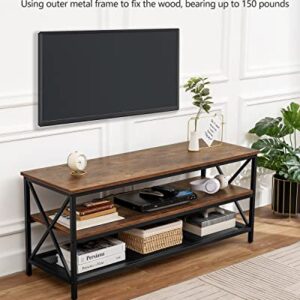 WEENFON Wood TV Stand for 55 Inch TV, 47 Inch Metal TV Table with Adjustable Leg, Unique Rustic Storage Shelve for Living Room, 3-Tiers TV Console for Bedroom, Rustic Brown