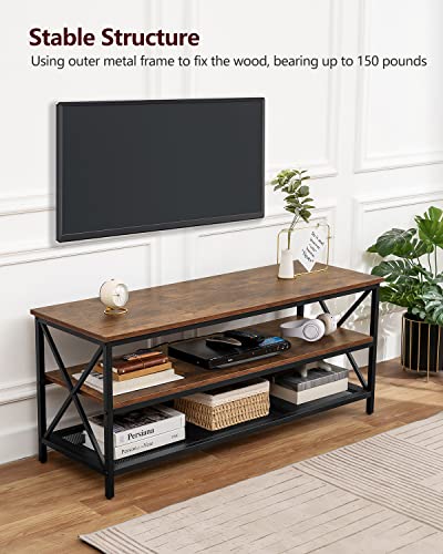 WEENFON Wood TV Stand for 55 Inch TV, 47 Inch Metal TV Table with Adjustable Leg, Unique Rustic Storage Shelve for Living Room, 3-Tiers TV Console for Bedroom, Rustic Brown