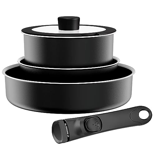 JEETEE Nonstick Pots and Pans Set with Removable/Detackable Handle RV Pots Induction Cookware Stackable Cookware Set for Camping, PFOA Free, Dishwasher/Oven Safe (Black, 10pcs Cookware Set)