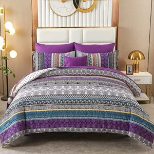 boho comforter set queen size,8 piece bed in a bag bohemian striped bedding quilt set,purple paisley floral comforter and sheet set,soft microfiber complete bedding sets for all season