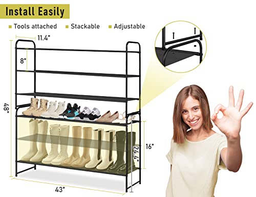 MISSLO 3-Tier Long Shoe Rack for Closet Shoe Organizer for Closet Floor Entryway Storage Stackable Wide Shoe Shelf Stores 24 Pairs of Men Sneakers, Black