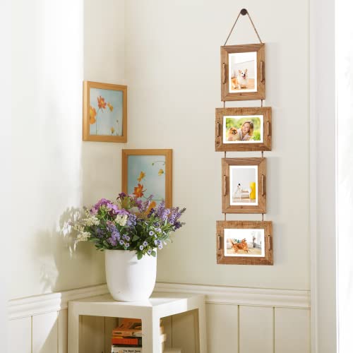 ABSWHLM 5x7 Picture Frames Rustic Solid Wood Hanging Picture Frames 4 Opening Photo Frame Display 4"x6" Pictures with Mat or 5"x7" Without Mat, Weathered Brown