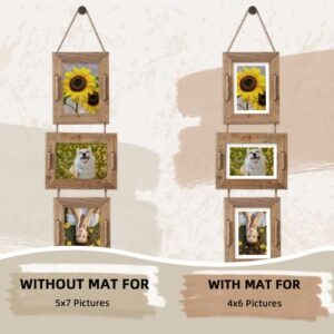 ABSWHLM 5x7 Picture Frames Rustic Solid Wood Hanging Picture Frames 4 Opening Photo Frame Display 4"x6" Pictures with Mat or 5"x7" Without Mat, Weathered Brown