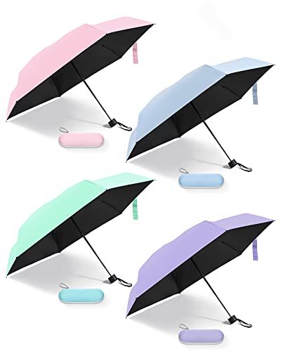 Eccliy 4 Pieces Mini Travel Umbrella with Case Small Umbrella for Sun and Rain Compact Portable Lightweight UV Umbrella Tiny Folding Pocket Umbrella for Backpack Women (Pink, Blue, Purple, Green)