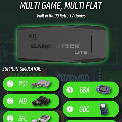 64G Plug and Play Game Console, 64-bit Retro Wireless Video Game Consoles 4K HD Mini TV Game Stick Built-In 10000 Classic Games Support PS1 GB GBA GBC MD CPS FC SFC ATARI Etc 9 Simulators