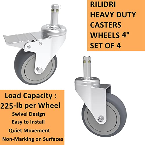 RILIDRI 4-Inch Swivel Stem Caster, 7/16-Inch Stem Diameter Rubber Wheel, Heavy Duty TPR Replacement Wheels for Rubbermaid Mop Bucket Cart Grill Casters - 4 Pack (2 Brakes 2 Swivel)