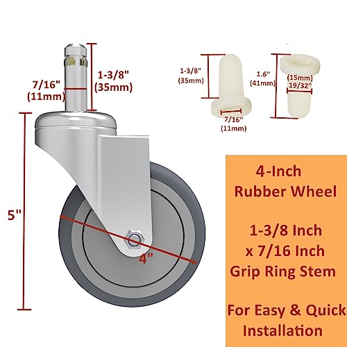 RILIDRI 4-Inch Swivel Stem Caster, 7/16-Inch Stem Diameter Rubber Wheel, Heavy Duty TPR Replacement Wheels for Rubbermaid Mop Bucket Cart Grill Casters - 4 Pack (2 Brakes 2 Swivel)