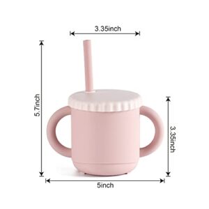 Veskaoty Silicone Cups with Lids, Straws and Handles for Toddlers and Babies. Spill Proof, Non-Slip, Unbreakable Training Cups for Little Kids, 10 oz (Pink)