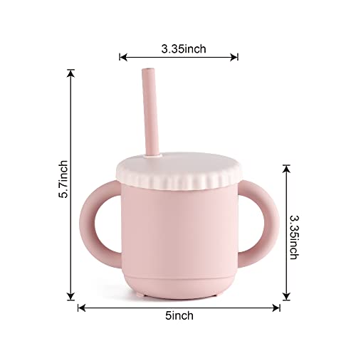 Veskaoty Silicone Cups with Lids, Straws and Handles for Toddlers and Babies. Spill Proof, Non-Slip, Unbreakable Training Cups for Little Kids, 10 oz (Pink)