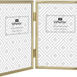 YiPinYin 4x6''Hinged Double Simply Gold Metal Picture Frame, Elegant Narrow Plated Metal Photo Frames 4 x 6'' With Soft Touch Velvet Backing for Desktop