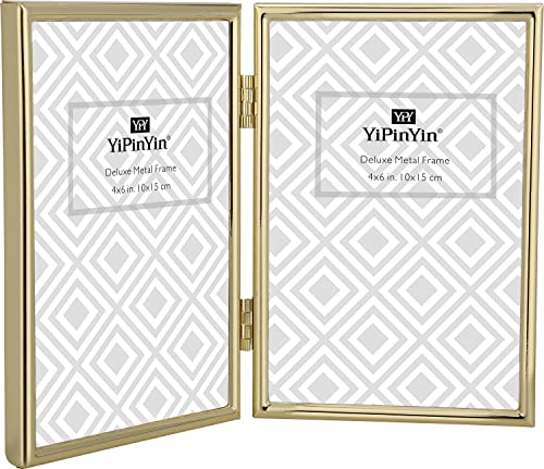 YiPinYin 4x6''Hinged Double Simply Gold Metal Picture Frame, Elegant Narrow Plated Metal Photo Frames 4 x 6'' With Soft Touch Velvet Backing for Desktop