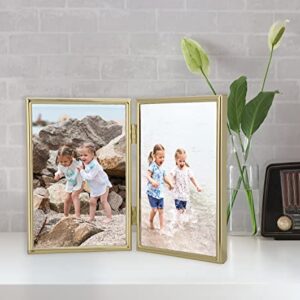 YiPinYin 4x6''Hinged Double Simply Gold Metal Picture Frame, Elegant Narrow Plated Metal Photo Frames 4 x 6'' With Soft Touch Velvet Backing for Desktop