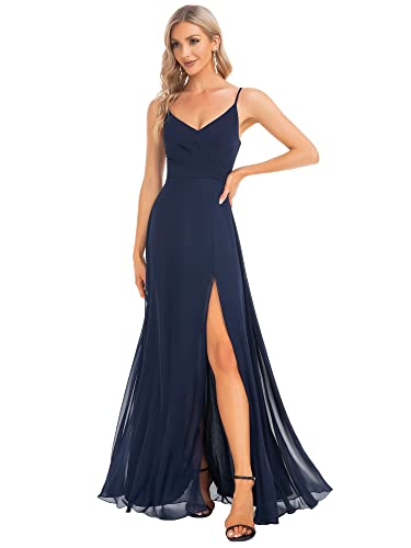 Ever-Pretty Women's A Line Spaghetti Straps Side Slit Double V-Neck Ruched Chiffon Long Formal Dress Navy Blue US8