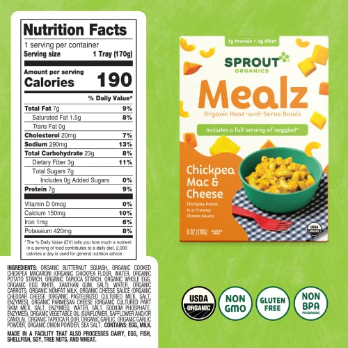 Sprout Foods Organics, Big Kid Mealz, Chickpea Mac & Cheese, Organic Microwavable 6 oz Bowl (8-count)