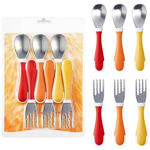 6 Piece Toddler Utensils Stainless Steel Baby Forks And Spoons Silverware Set For Kids, Bpa Free Dishwasher Safe, 12+ Months, Red/Orange/Yellow