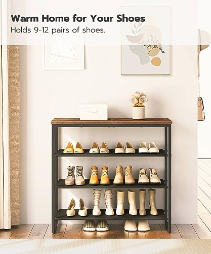 HOOBRO Shoe Rack, 4 Tier Shoe Storage Organizer, Shoe Shelf with 3 Oxford Fabric Shelves and Top Panel, Holds 12-16 Pairs of Shoes, for Entryway, Closet, Steel Frame, Industrial, Rustic Brown BF47XJ01G1