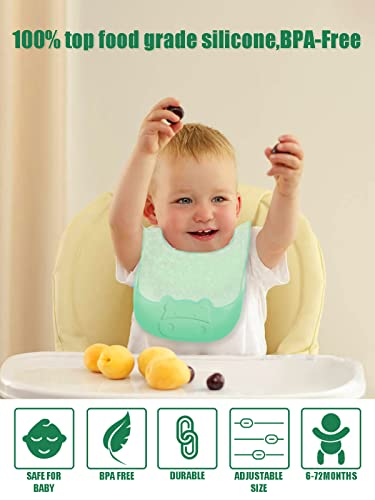 Sebikam Set of 2 Ultra-Thin Cute Silicone Baby Bibs for Babies & Toddlers (6-72 Months) Waterproof, Soft, Lightweight,Unisex Silicone Feeding Bibs,Blue/Green