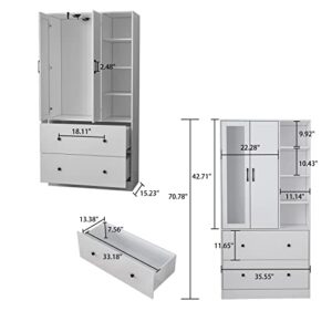 Homsee Wardrobe Armoire Wooden Closet with Mirror, 2 Doors, 2 Drawers, 4 Open Storage Cubes and Hanging Rod for Bedroom, White (35.5”L x 15.8”W x 70.8”H)