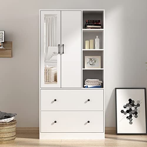 Homsee Wardrobe Armoire Wooden Closet with Mirror, 2 Doors, 2 Drawers, 4 Open Storage Cubes and Hanging Rod for Bedroom, White (35.5”L x 15.8”W x 70.8”H)