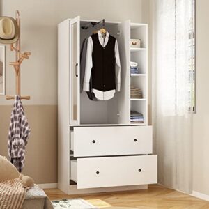 Homsee Wardrobe Armoire Wooden Closet with Mirror, 2 Doors, 2 Drawers, 4 Open Storage Cubes and Hanging Rod for Bedroom, White (35.5”L x 15.8”W x 70.8”H)