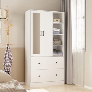 Homsee Wardrobe Armoire Wooden Closet with Mirror, 2 Doors, 2 Drawers, 4 Open Storage Cubes and Hanging Rod for Bedroom, White (35.5”L x 15.8”W x 70.8”H)