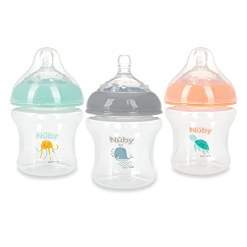 Nuby 3-Pack Infant Feeding Bottles with Slow Flow Breast Size Silicone Nipple: 0+ Months, 6oz, 3 Pack Set: Delicate Whale, Jellyfish, Turtle Prints