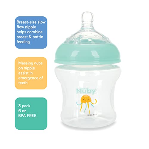 Nuby 3-Pack Infant Feeding Bottles with Slow Flow Breast Size Silicone Nipple: 0+ Months, 6oz, 3 Pack Set: Delicate Whale, Jellyfish, Turtle Prints