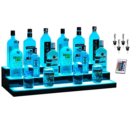 Boss Premium® BarUSA™ 28 Inch 3-Step LED Lighted Bar Shelf Display Liquor Bottle Alcohol Whiskey Shelves Rack Stand Tray Units for Home Bar Living Room Accessories and Decor - Designed in USA