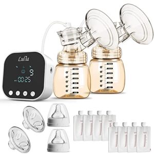 double electric breast pump with baby bottles ppsu, portable breast pumps with 3 modes and 9 levels, strong suction, pain free, 2 size flanges, rechargeable milk extractor for home and travel