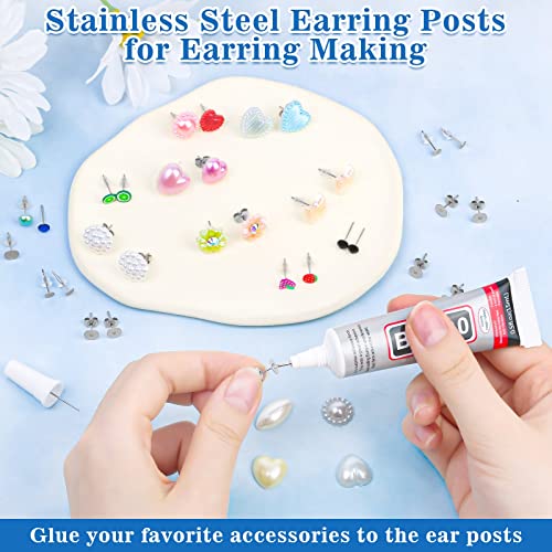 Jewelry Glue with Earring Posts,1002Pcs Stainless Steel Earring Posts with Butterfly and Rubber Earring Backs, Hypoallergenic Stud Earring Posts with Glue for Jewelry Making DIY Earring Kit