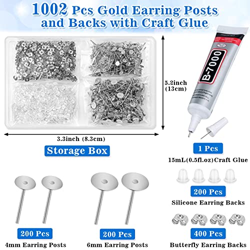 Jewelry Glue with Earring Posts,1002Pcs Stainless Steel Earring Posts with Butterfly and Rubber Earring Backs, Hypoallergenic Stud Earring Posts with Glue for Jewelry Making DIY Earring Kit