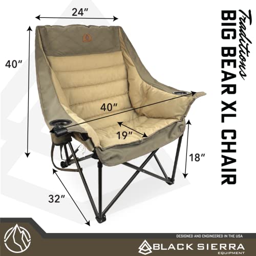 Black Sierra XL Padded Oversize Camping Chair, Heavy Duty Folding Chair W/Cup Holder and Carry Bag, Foldable Outdoor Furniture, Heavy Duty Lawn Chair Support 400 lbs (Traditions Tan)