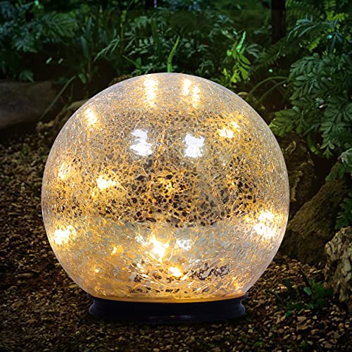 PHITRIC Garden Outdoor Decor Lights, 4 Inch Cracked Glass Ball Light Yard Decor with Timer, Upgraded Weatherproof Warm White LED Globe Lights for Outdoor Decor Pathway Patio Yard Lawn Party