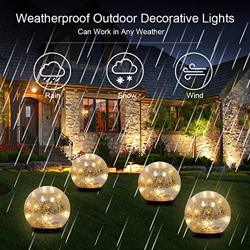 PHITRIC Garden Outdoor Decor Lights, 4 Inch Cracked Glass Ball Light Yard Decor with Timer, Upgraded Weatherproof Warm White LED Globe Lights for Outdoor Decor Pathway Patio Yard Lawn Party