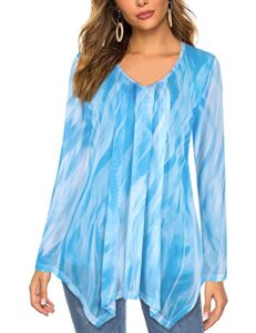 bulotus tunic tops to wear with leggings, fall blouses for women v neck mesh chiffon shirts long sleeve tunic shirts for women loose fit asymmetrical hem polyester blouses for women work, blue, medium